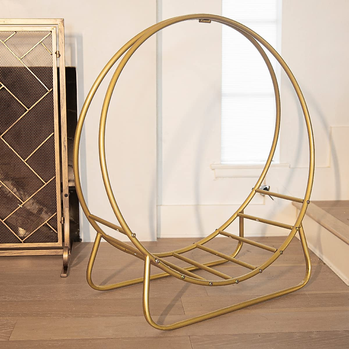 Barton 30" Hoop Log Rack Gold Fireplace Firewood Holder Fire Wood Storage Indoor Outdoor Carrier
