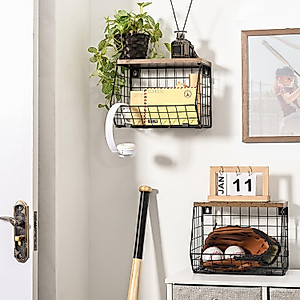 2 Pack Stackable Fruit Baskets with Wood Lid for Kitchen Counter, Wall-Mountable Hanging Wire Baskets with 4 Banana Hanger Hooks, Kitchen Organizers and Storage for Vegetable Onion Potato