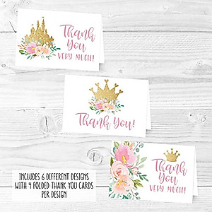24 Floral Princess Baby Shower Thank You Cards With Envelopes, Kids Thank-You Note, 4x6 Gratitude Card Gift For Guest Pack For Party, Birthday for Girl Children, Cute Pink Royal Queen Event Stationery