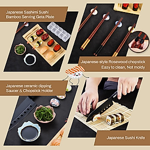 YDGFUHM Deluxe Sushi Making Kit 25-in-1 Bazooka Roller Set, Bamboo Mat,Knife,Sauce Tray,Japanese Sashimi Sushi Bamboo Serving Geta Plate,and More - Perfect for Beginners