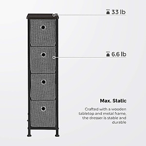 SONGMICS Narrow Dresser with 4 Fabric Drawers Vertical Slim Storage Tower Unit, 7.9",Grey