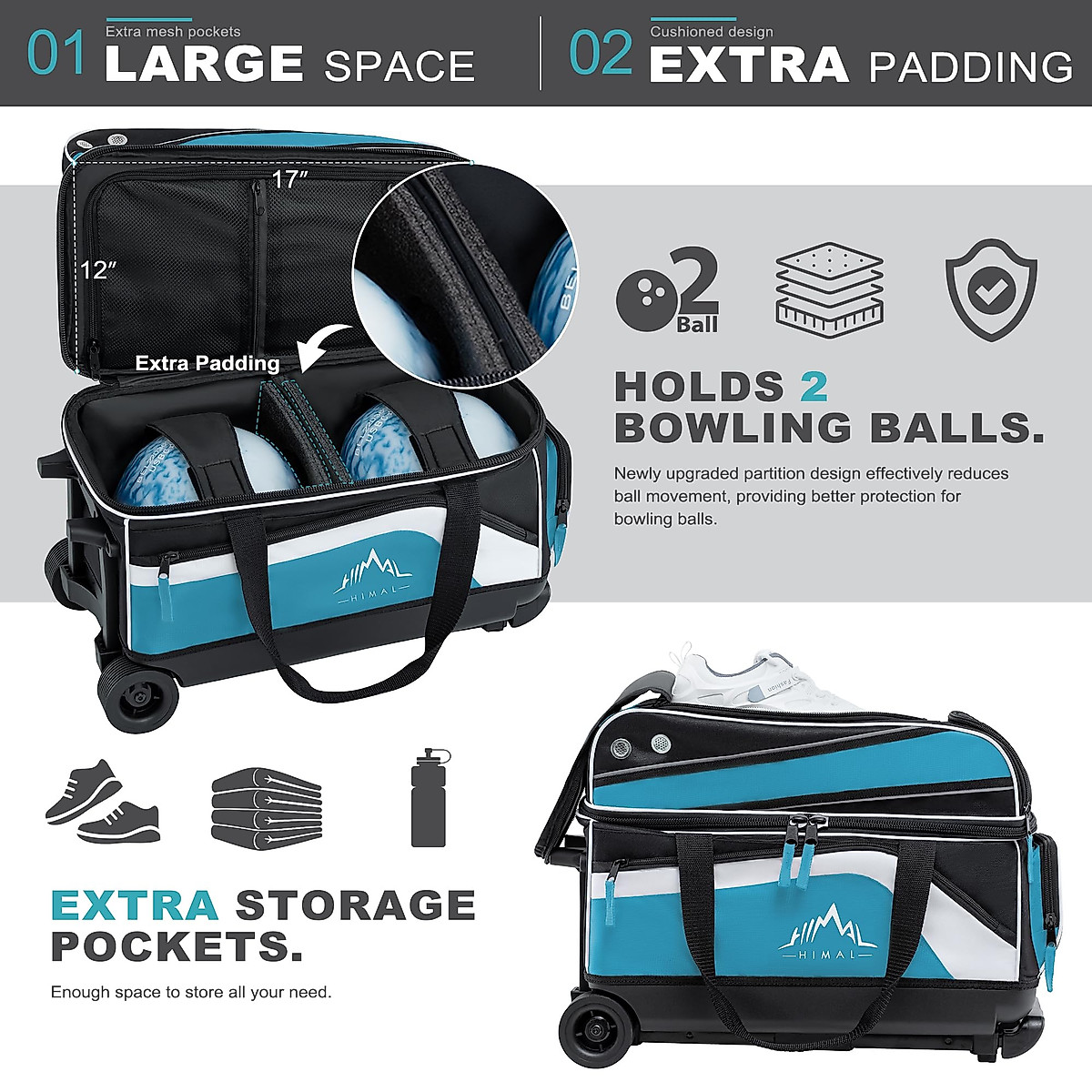 GoHimal Double Roller 2 Ball Bowling Bag with Separate Shoe Compartment for Bowling Shoes (Up To US Men Size 15) and Abundant multifunction Accessory Pocket, Upgraded fabric, Retractable Handle -