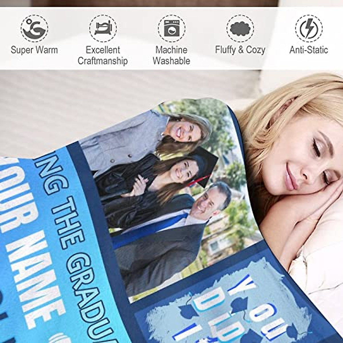 Personalized 2023 Graduation Blanket Gifts with Photos Name, 50"x60" Flannel Fleece Throw Blanket Soft, Lightweight, Comfortable, Warm, Funny Graduation Gifts for Her Him