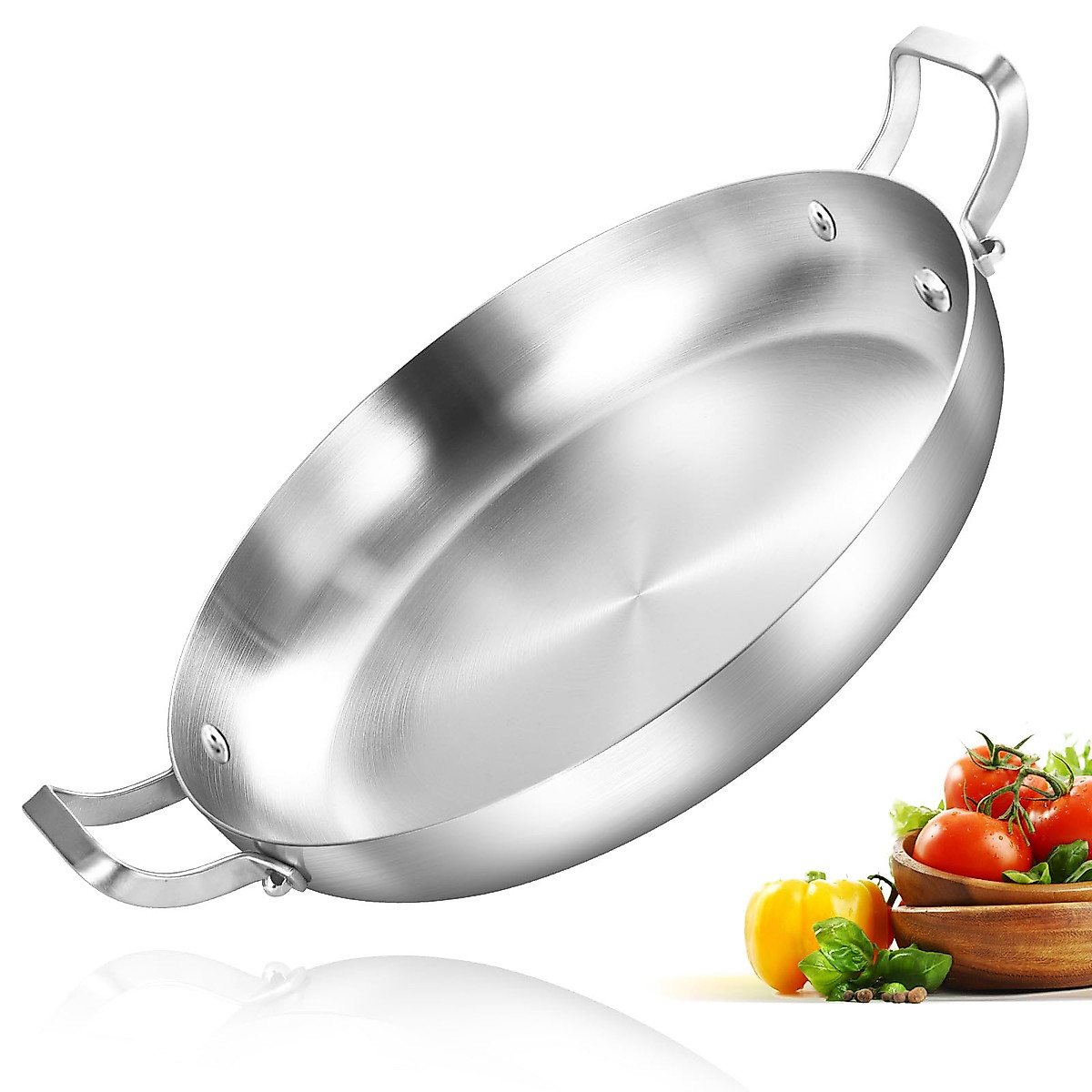 Inqibee 13-Inch Tri-Ply Stainless Steel Paella Pan, Large Skillet,Griddle Pan,Large Frying Pan,Jumbo Cooker,Induction Cookware,Dishwasher and Oven Safe.