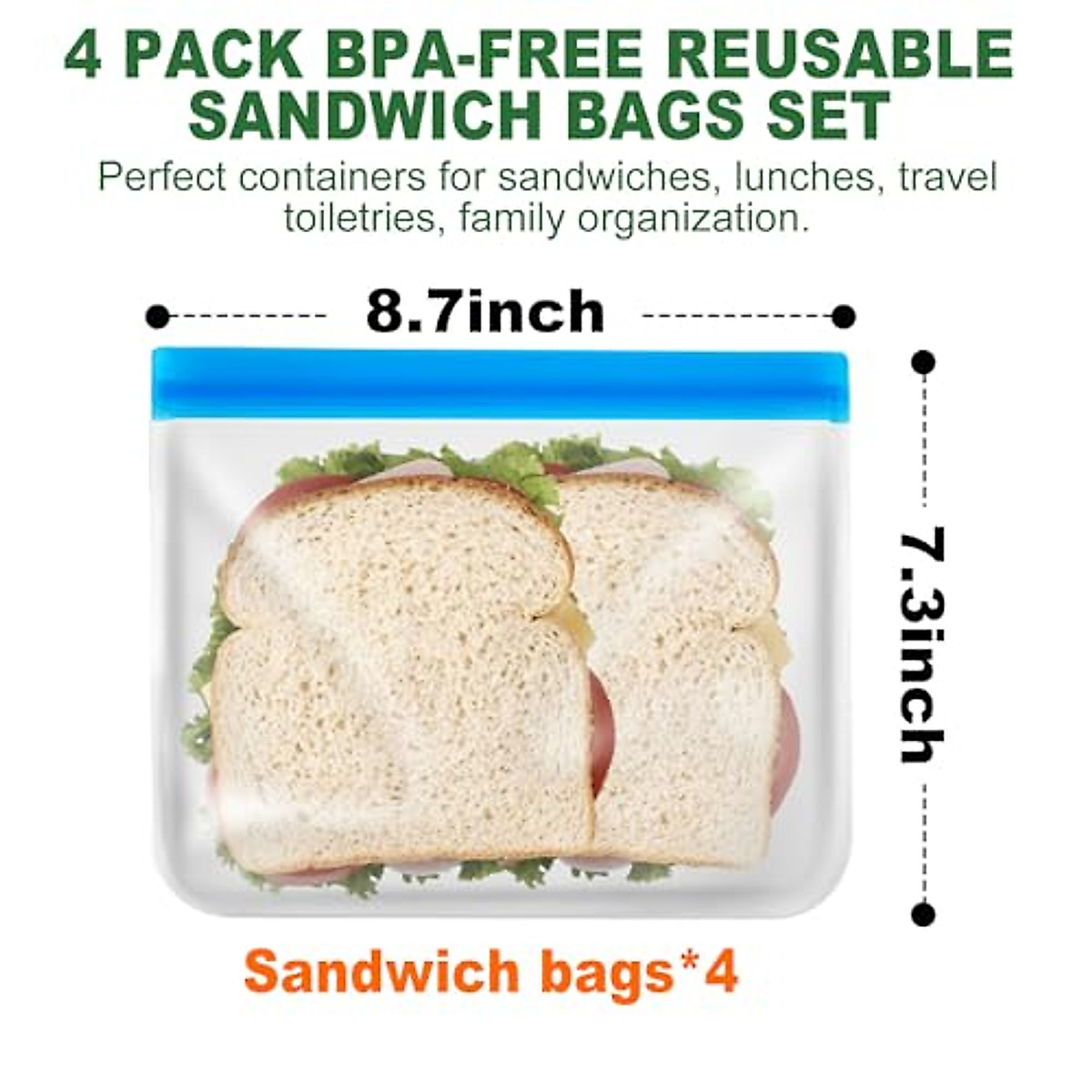AURUZA Reusable Sandwich Bags Ziplock, Reusable Ziplock Silicone Bags Reusable Food Storage Bags, Zip Lock Freezer Bag Home Fridge Kitchen Organization Storage Lunch Meal Prep Sandwich Containers Set