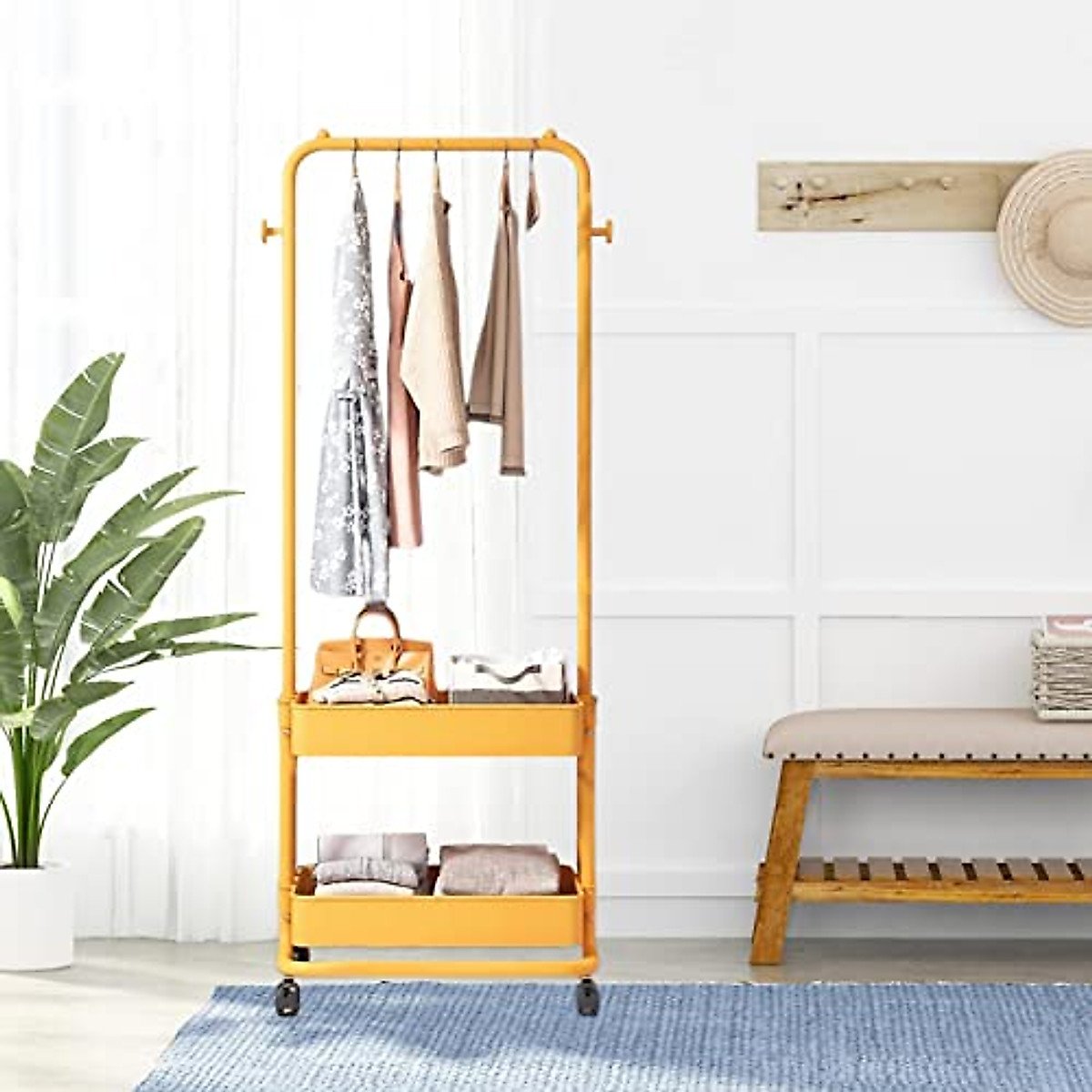 IEUDNS Clothing Rack with Wheels, Rolling Clothes Organizer for Laundry Room Bedroom Entryway Home, Yellow