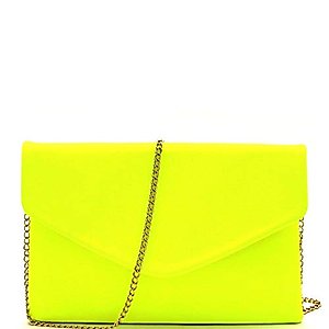 Trendy Vintage Neon Color Patent Shiny Glossy PU Leather Large Envelope Clutch with Chain Strap (Matte Leather - Neon-Yellow)