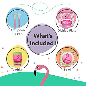 Thoneed Bamboo Kids Plate and Bowl Set | Matching Dishes for Toddlers Ages 1+ | 5 Piece Divided Dinnerware Set Includes Plate, Bowl, Cup & Utensils | Reusable, BPA Free & Dishwasher Safe (Cow)