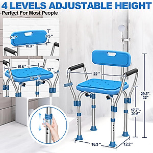 UGarden Upgraded Stainless Steel Shower Chair with T-Shaped Wide Back, 400LB Safety Shower Chair for Inside Shower, Anti Slip Adjustable Bath Chair Blue, Shower Seat for Bathtub for Seniors/Disabled