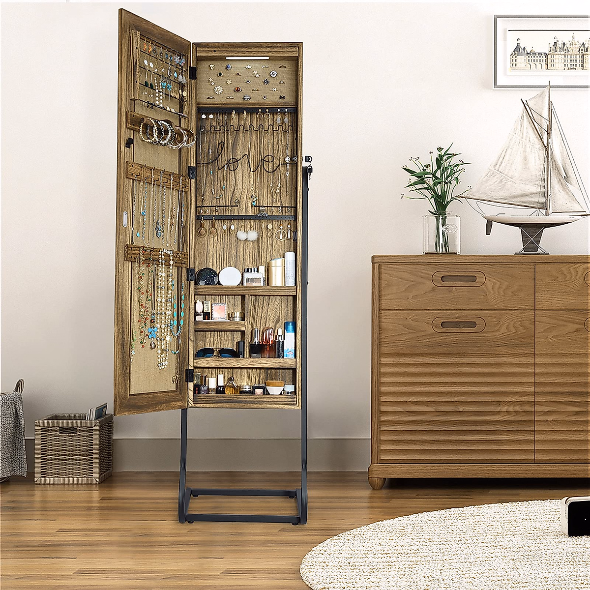 SRIWATANA Jewelry Armoire Cabinet, Solid Wood Standing Jewelry Organizer with Full Length Mirror (Carbonized Black)