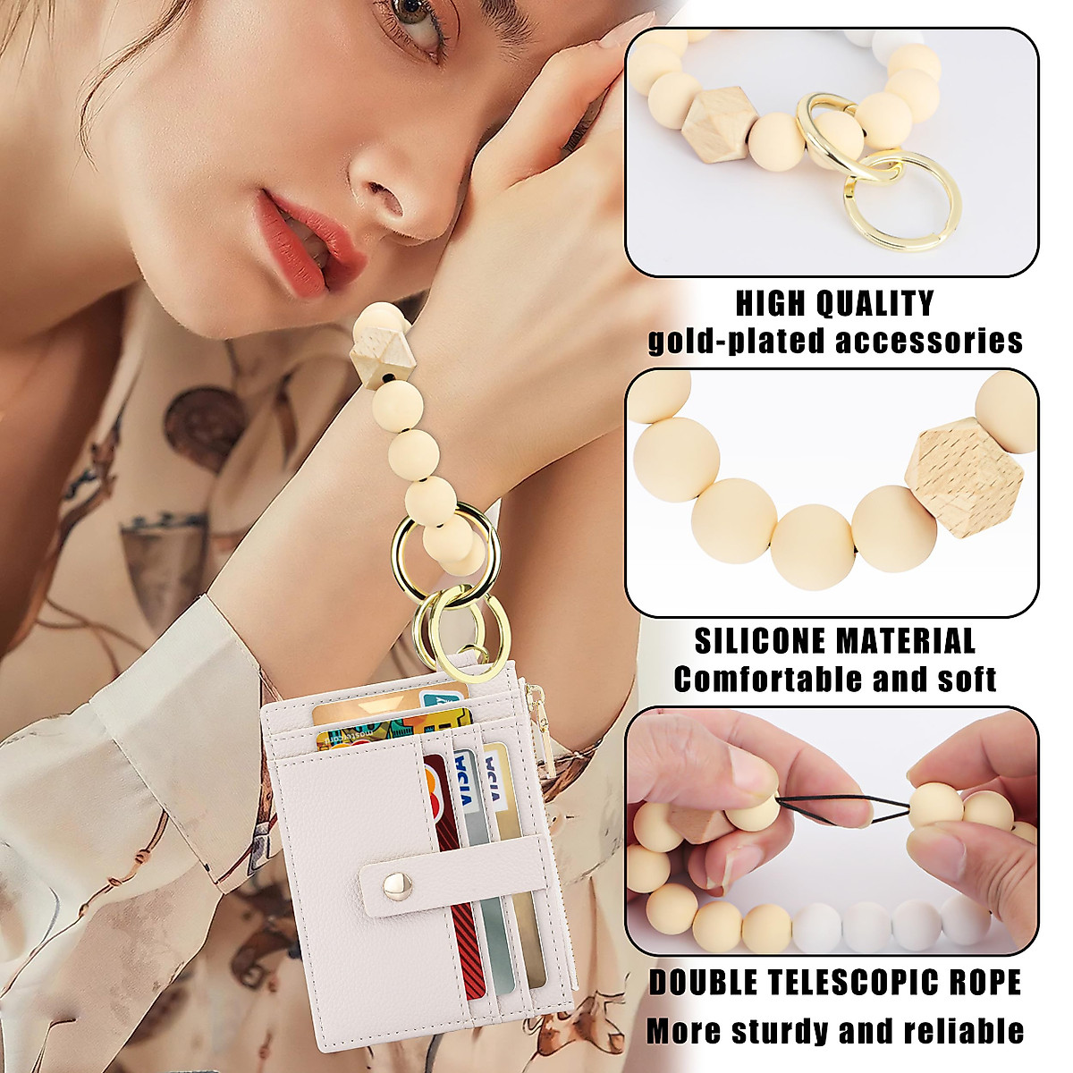 New Fashion Kingdom Keychain Wristlet Wallet for Women, Slim RFID Credit Card Holder Purse Tassel Keychain Bangle Key Ring for Women (Upgrade RFID, Beige)