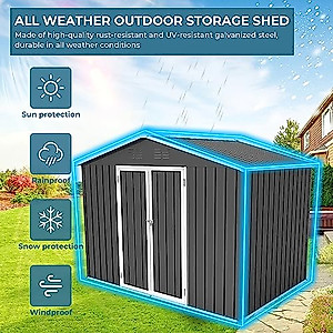 Zevemomo 8 x 6 ft Outdoor Storage Shed, All Weather Tool Shed with Metal Foundation & Lockable Doors, Metal Shed Outdoor Storage for Garden, Patio, Backyard, Lawn, Grey