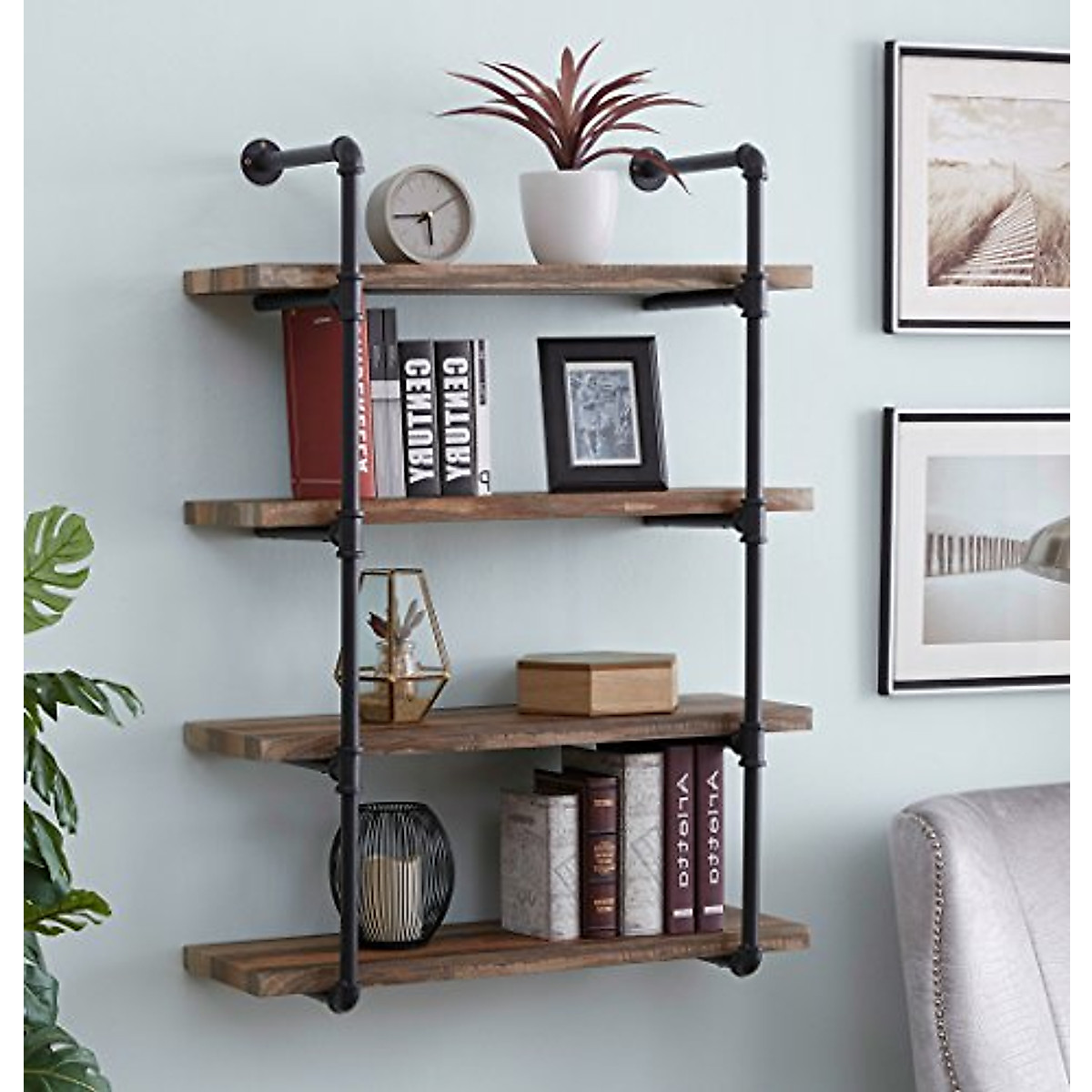 HOMISSUE 4-Shelf Rustic Pipe Shelving Unit, Metal Decorative Accent Wall Book Shelf for Home or Office Organizer, Retro Brown