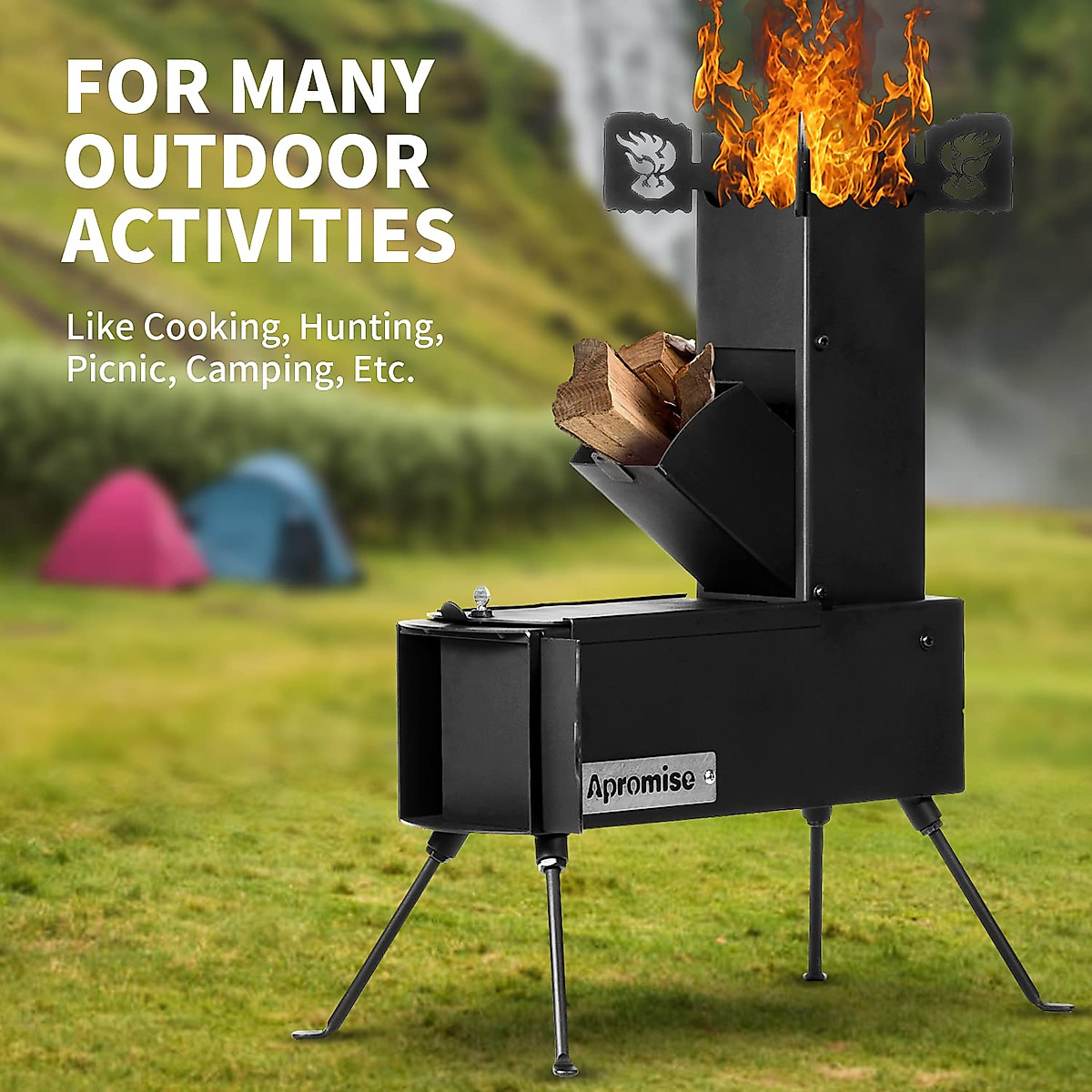 APROMISE Rocket Stove - Rocket Stove Wood Burning Portable with Free Carrying Bag and Fire Poker | Rocket Stove for Cooking, Hunting, Fishing, Picnic, Camping, BBQ | Collapsible
