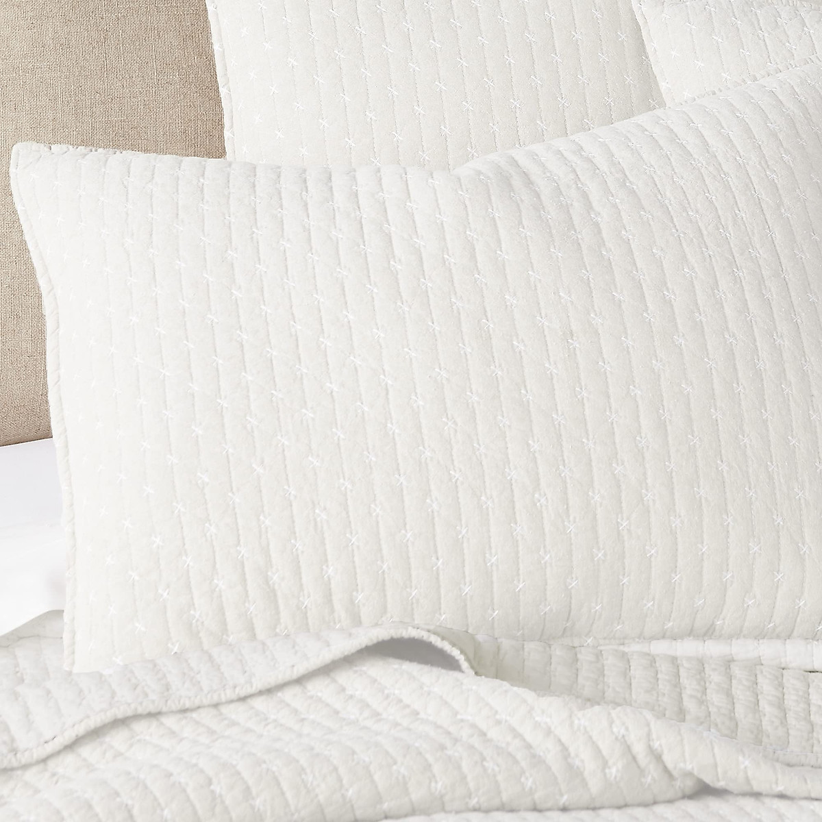 Levtex Home - Cross Stitch Quilt Set - 100% Cotton - King Quilt (106x92in.) + 2 King Shams (36x20in.) - Cream