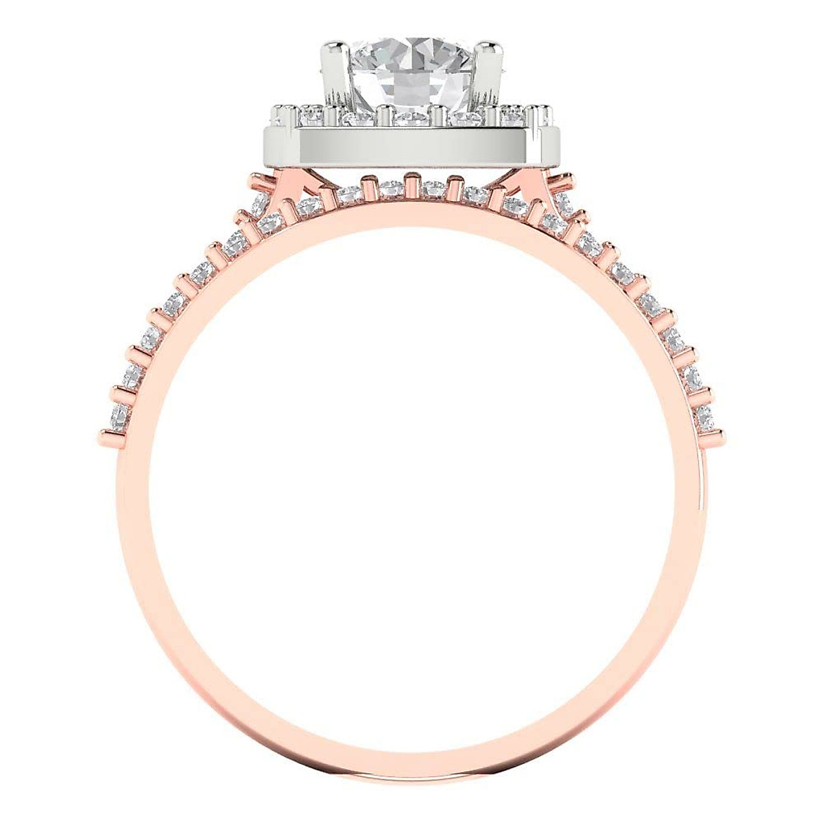 Clara Pucci 1.58 Carat Round Cut Clear VVS1 Ideal Zircon 14k Rose White Gold Halo with Accents Wedding Anniversary Ring Band Set, Size - 9