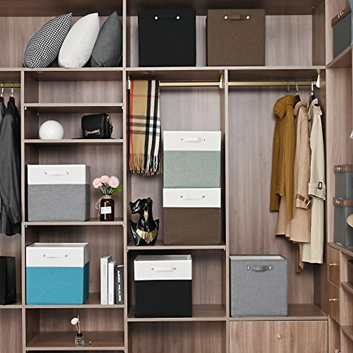 BNDSKLAI Foldable Cube Storage Bins 13x13x13 Inch [6-Pack],Collapsible Shelf Storage Baskets,Fabric Storage Basketss with Handles,Suitable for Shelf,Closet,Cabinet(White/Green)