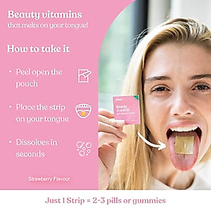 NuStrips Beauty in a Strip™ | Oral Strips with Biotin, Folate and Vitamin E | Maximum Absorption & Fast Results for Hair Skin & Nails | Vegan, 100% Natural | 30 Individually Wrapped Strips
