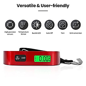 BAGAIL Digital Luggage Scale,110lbs Hanging Baggage Scale with Backlit LCD Display,Portable Suitcase Weighing Scale,Travel Luggage Weight Scale with Hook,Strong Straps for Travelers.(Red with Temp）
