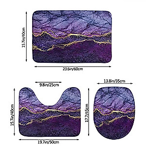 WONDERTIFY Digital Marbled Surface Bathroom Antiskid Pad Marbling Stone Texture Violet Blue Purple Marble Golden Veins 3 Pieces Bathroom Rugs Set, Bath Mat+Contour+Toilet Lid Cover