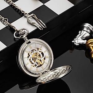 ManChDa Silver Pocket Watch for Men Son Pocket Watch Mechanical Pocket Watch with Chain Retro Smooth Classic Handwind Pocket Watch Roman Numerals Pocket Watch for Women