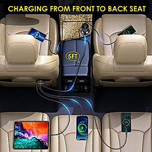 Multi 5 Ports USB C Car Charger, 74W QC3.0 & PD3.0 Type C Cigarette Lighter Adapter Front and Back Seats Fast Charger with 5FT Cable for Samsung Galaxy S21/20, iPhone, Google Pixel, iPad Pro and More