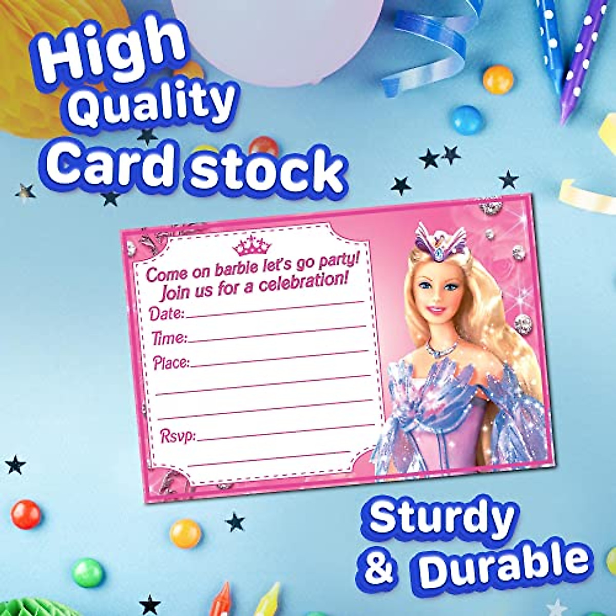 HAPPY CHOICES Barbie Invitation Cards and Envelopes – 20 Fill-in Invites for Kids Birthday Bash and Theme Party, 10X15 cm, Postcard Style…