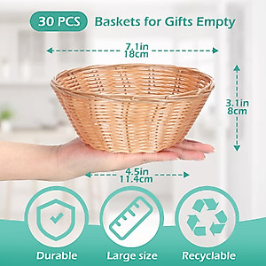 Amyhill 30 Pcs Woven Bread Baskets Bulk 7 Inch Plastic Round Baskets for Serving Small Gift Baskets Empty Food Storage Basket for Fruit Vegetables Party Kitchen Restaurant Display