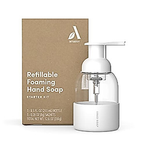 Amazon Aware Refillable Foaming Hand Soap Starter Kit, Reusable 8.5 oz Glass Bottle with Silicone Sleeve + 3 Tablet Sachets, Lavender Scent, 4 Piece Set