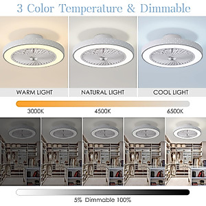 POWROL Ceiling Fans with Lights Low Profile Flush Mount with Remote Control 3 Wind Speeds Dimmable 3 Colors Iron 19Inch Invisible 8 Bladeless Enclosed White Fan Light for Bedroom Kitchen
