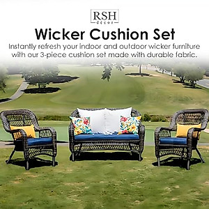 RSH DECOR Indoor Outdoor 3 Piece Tufted Wicker Cushion Set, Two U-Shape 19" x 19" and Loveseat 41" x 19" Daelyn Cherry Red with Blue Yellow, Green Floral