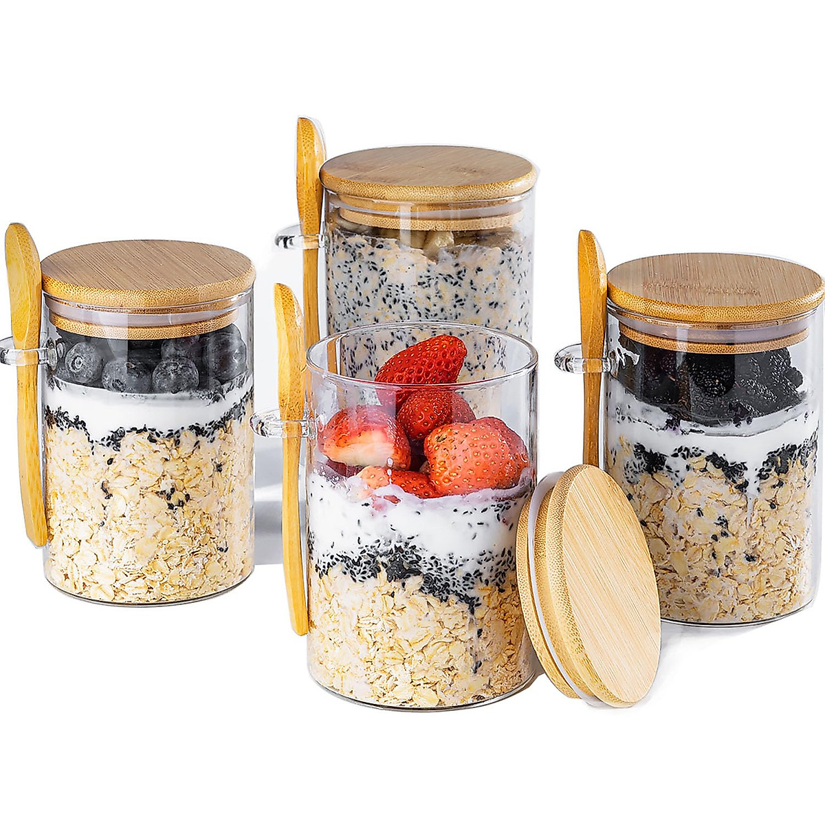 MHDCLY Overnight Oats Containers with Lids,16oz Overnight Oats Jars 4 Pack, Oatmeal Cups,Meal Prep Containers,Glass Meal Prep Containers with Lids,China Pudding Jars