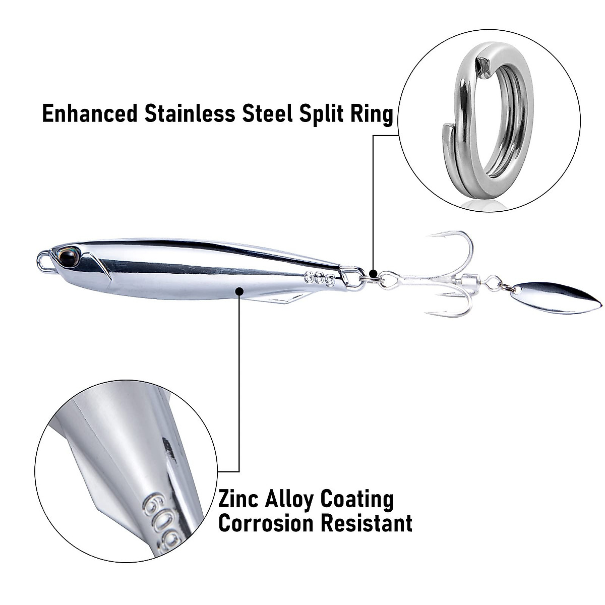 Dr.Fish 3 Pack Jigging Spoons Metal Casting Jigs Bladed Treble Hooks Saltwater Casting Spoons Surf Fishing Lures Vertical Diamond Jigs Mackerel Striper Bluefish Lures 1oz-#4 Hook