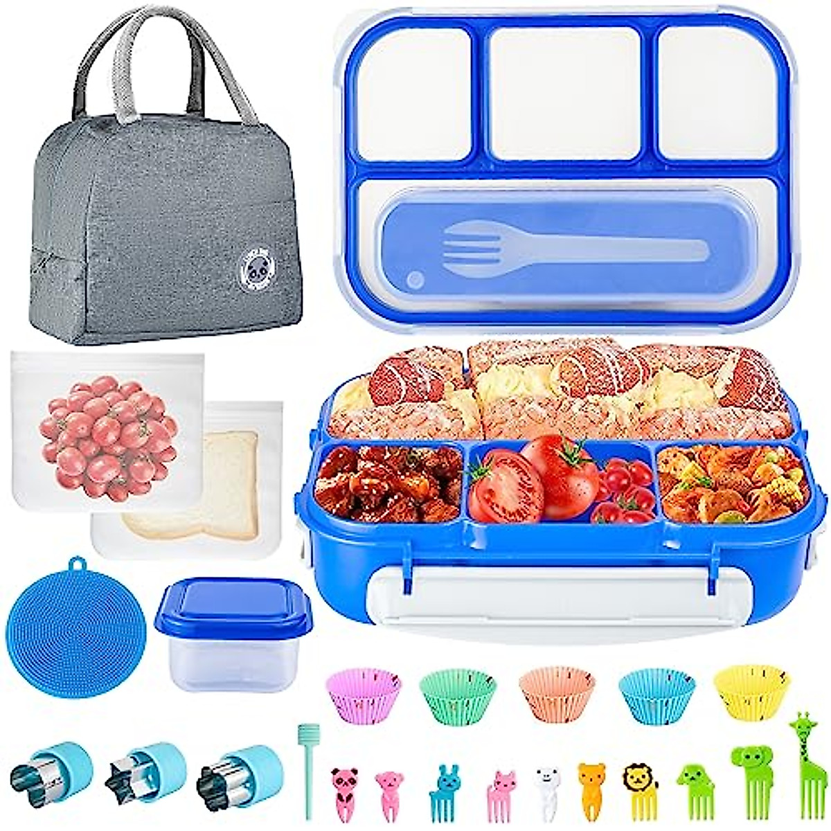52Pcs Bento Box Lunch Box Kit, 1300ML Lunch Container for Kids/Adults/School, Durable Leak-proof Box 4 Compartments with Lunch Bag,Spoon,Fork,Accessories,for Dishwasher Refrigerator Microwave(Blue)