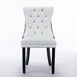 i-POOK PU Leather Dining Chairs Set of 2, Upholstered Dining Room Chairs with Ring Pull, Nailhead Trim and Tufted Button Wingback, Luxury Dining Chairs for Living Room Kitchen, White+Light Blue