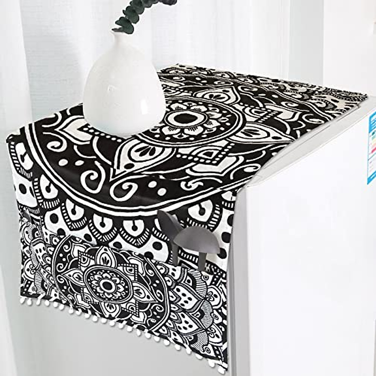 GVFTG Black and White Lotus Mandala Style Washing Machine Top Cover Washer and Dryer Top Covers Fridge Dust Proof Cover Washing Machine Top Cover with Refrigerator Storage Organizer Bags 51x21 Inch