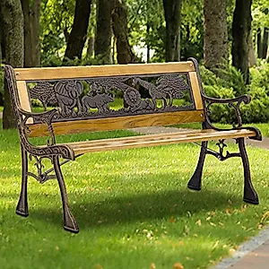 Dkeli Patio Bench Garden Bench Outdoor Bench Kids Metal Porch Chair Cast Iron Hardwood Furniture Animals, 480LBS Weight Capacity, for Park Yard Patio Deck Lawn