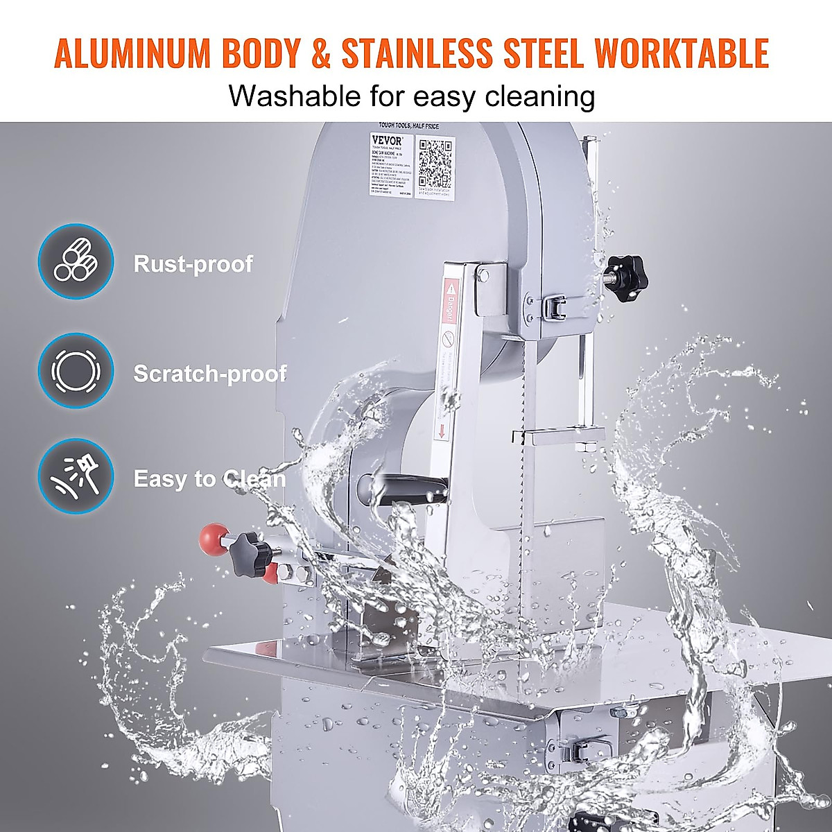 Commercial Electric Meat Bandsaw, 1100W Stainless Steel Countertop Bone Sawing Machine, Workbeach 19.3" x 15", 0.16-7.9 Inch Cutting Thickness, Frozen Meat Cutter with 6 Blades for Rib Pork Beef