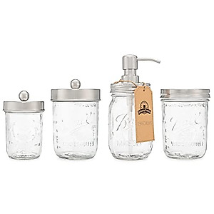 Jarmazing Products Ball Mason Jar Bathroom Gift Set (4 pcs) - Lotion/Soap Dispenser, Toothbrush Holder, Q-Tip Storage Jars - Farmhouse Home Decor for Vanity Organization - Stainless Steel