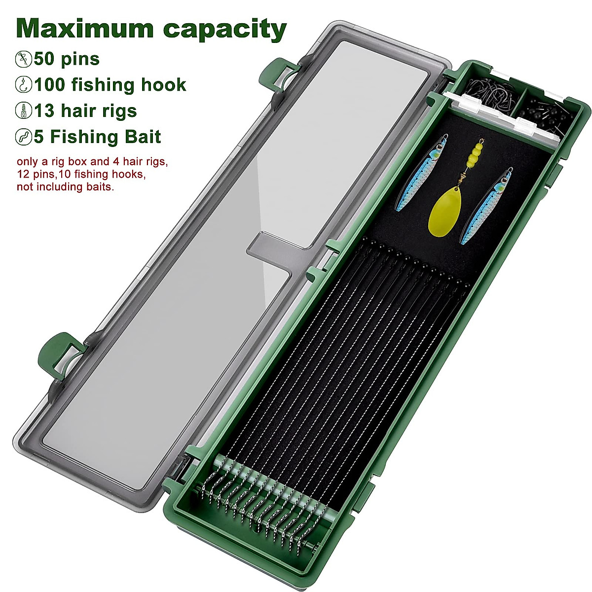 Luroad Stiff Hair Rig Tackle Box, Carp Fishing Storage Box Rig Board with 4pcs Hair Rigs, 12pcs Pins and 10pcs Barbed Fishing Hook in Rig Storage Box