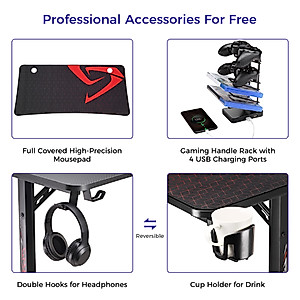 It's_Organized 47 inch Gaming Desk Racing Style Computer Desk with Free Mouse pad, T-Shaped Professional Gamer Game Station with USB Gaming Handle Rack, Cup Holder & Headphone Hook,Black