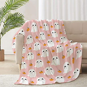 Cute Ghost Pumpkin Pink Blanket Halloween Lightweight Throw Blanket for Women Men Soft Cozy Fleece Couch Living Room Bed Blanket for Kids Girls Boys—All Season X-Small 40x30In (Toddler) PET