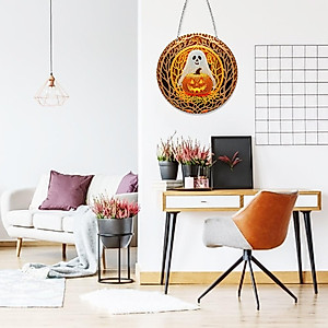 LUSandy DIY 5D Halloween Ghost Pumpkin Diamond Painting Kits Hanging Sign Wall Art Sign Pumpkin Diamond Art Suncatcher Window Hanging Ornament Window Pendants for Adults Home Garden Wall Door