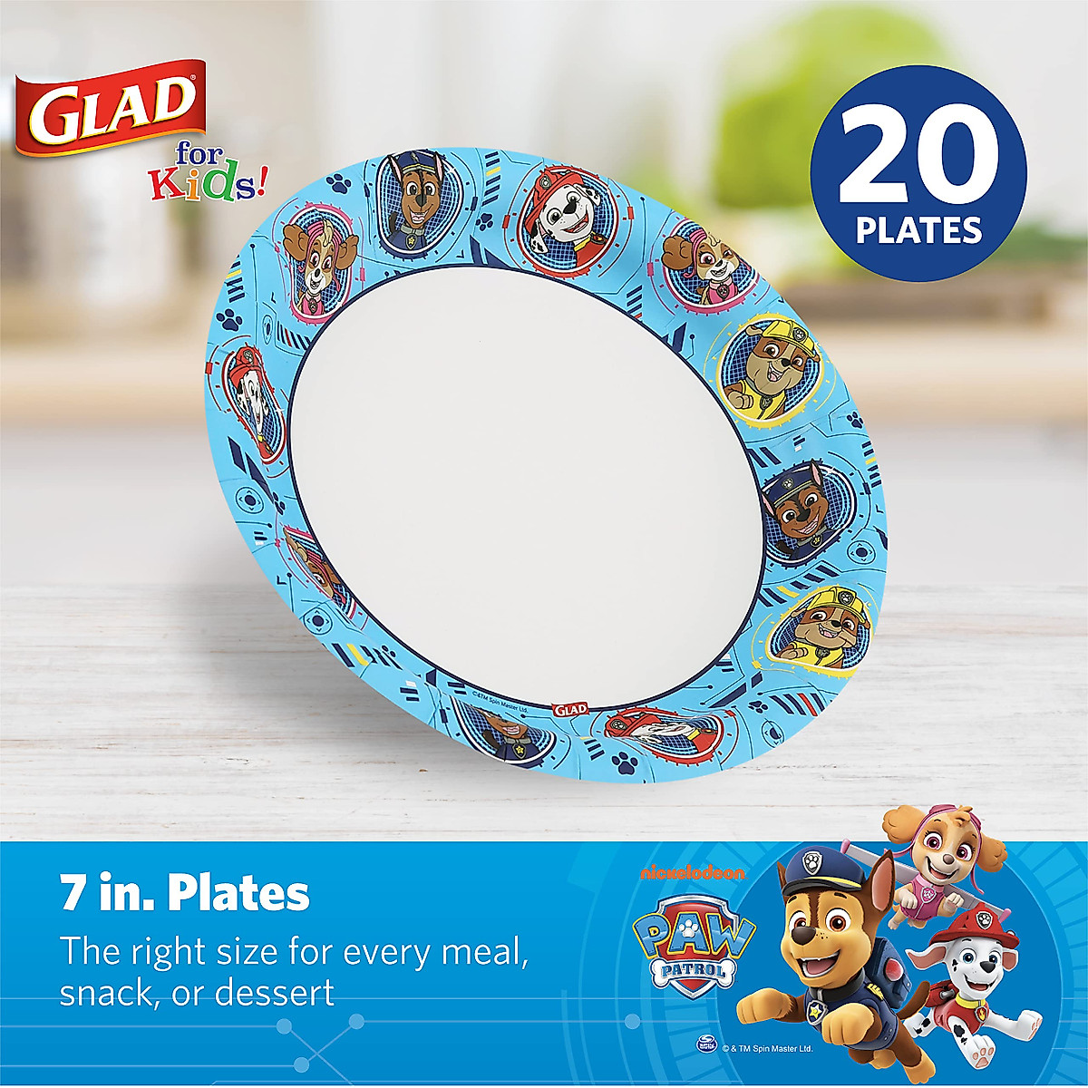 Glad for Kids Paw Patrol Paper Plates , Disposable Paw Patrol Plates for Kids , Heavy Duty Soak Proof Microwavable Paper Plates, Core Pups Blue 7 Inch Round Plates 20ct , Paw Patrol Birthday
