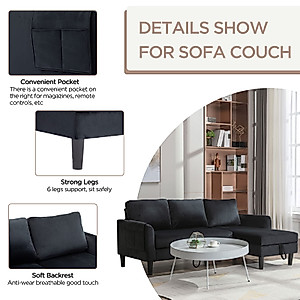 Akrenar Reversible Sectional Sofa with Storage, Modern Velvet Fabric Sleeper Sofa L-Shaped Couch, Sectional Couches for Living Room, Bedroom, Apartment,Office(Black)