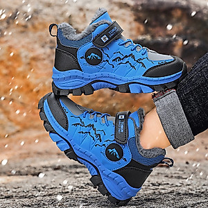 FLIOZY Hiking Boots Winter Warm Boys Snow Boots Non-slip Waterproof Camping Shoes Kids Outdoor Adventure Shoes Walking Climbing Sneaker Blue 36