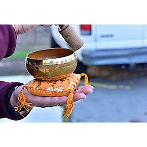 3.75" Tibetan Meditation Yoga Singing Bowl Green Set with free Wooden Mallet and Silk Cushion from Nepal, Singing bowls. (Orange)