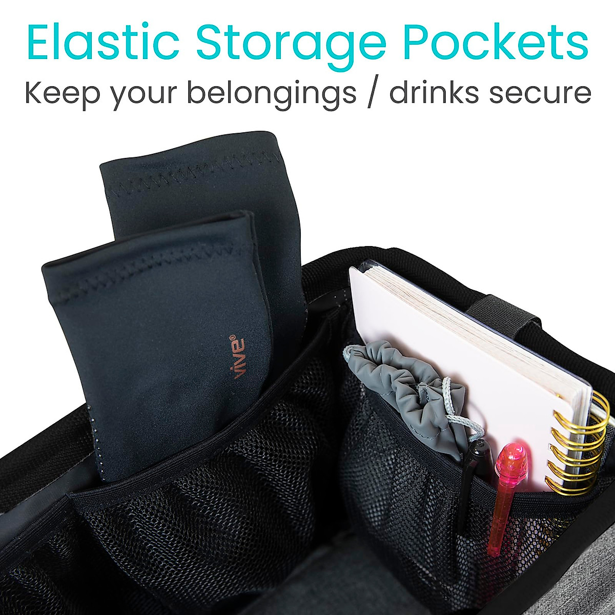 Vive Walker Basket Accessories Bag - Tray for Folding Walker with Water Cup Holder & Pockets - Universal Large Capacity Storage Container for Seniors, Elderly - Storage Mobility Aid Pouch (Gray)