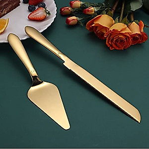 Cake Cutting Set for Wedding, Elegant Cake Knife and Server Set with Thickened Stainless Steel and Rounded Edges, Cake Cutter and Pie Spatula for Birthday Anniversary Christmas Gift Set of 2, Gold