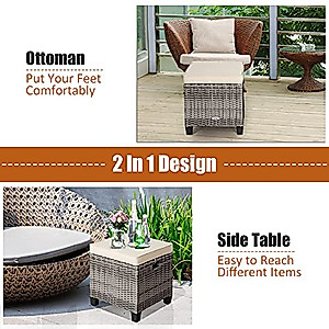 Tangkula 2 Pieces Patio Rattan Ottomans, Outdoor Wicker Footstool Footrest Seat with Soft Cushions and Steel Frame, All-Weather Patio Ottoman Set for Backyard Garden Poolside (White)